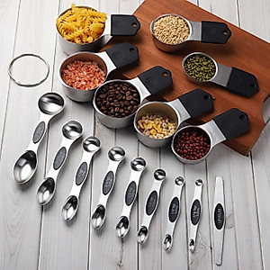 Magnetic Measuring Cups and Spoons Set Including 7 Stainless Steel Stackable Measuring Cup 8 Double Sided Magnetic Measuring Spoons with 1 Leveler for Dry and Liquid Ingredients (black)
