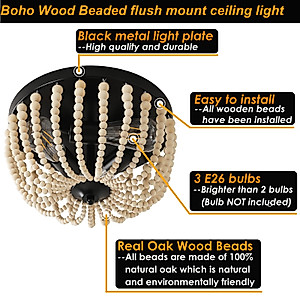 3-Light Boho Wood Bead Chandelier Ceiling Flush Mount Light Fixture,Solid Oak Natural Wood Color Chandelier for Hallway Small Room Baby's Nursery Bedroom Laundry Room Cloakroom