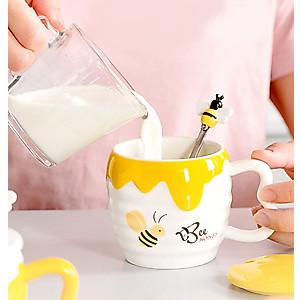 Mozacona Embossed Ceramic Honey Jar Coffee Mug with Lid and Bee Spoon