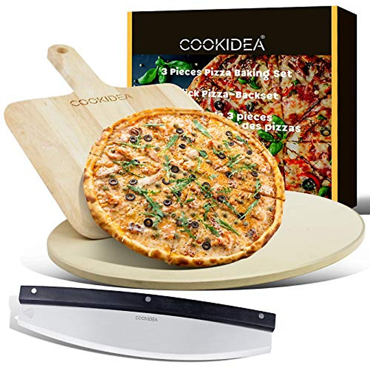 CookIdea Pizza Grilling Stones Baking Set for Oven and BBQ, Set of 3 Including Round Pizza Stone Diameter 15'', Pizza Peel and Pizza Cutter for Pizza Making at Home