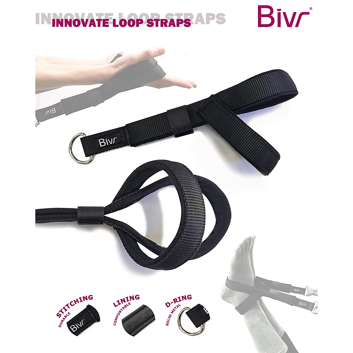 BIVR Portable Pilates Home Kit - Home Workout Equipment with Designed Pilates Loop Straps, Fabric Long Resistance Exercise Bands, Door Anchors and Aluminum Carabiners for Working Out as in Reformer