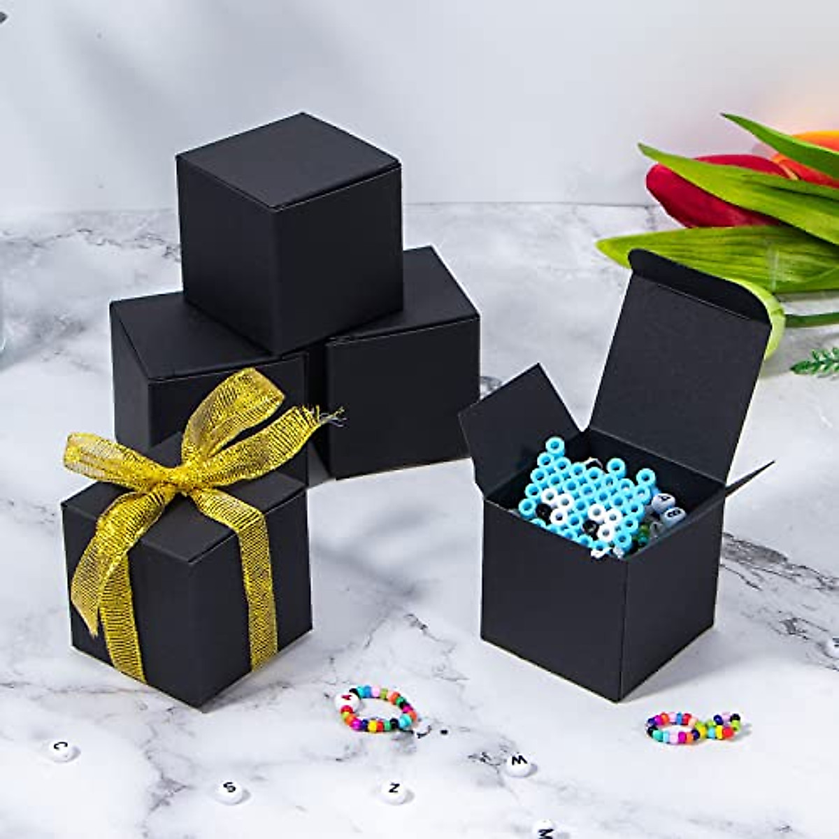 NIGNYA Black Gift Boxes 2x2x2 inches, 100 Pack Small Kraft Cardboard Gifts Boxes Paper Cube Favor Box Easy Assemble Paper Gift Box with lids for Presents Birthday Christmas Wedding Party