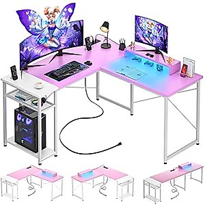 Cyclysio L Shaped Desk with Power Outlets and USB Ports, Reversible L Shaped Gaming Computer Desk with LED Light, 83.5'' Large 2 Person Desk with Monitor Stand, L-Shaped Corner Desk, Pink and White