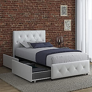DHP Dakota Upholstered Platform Bed with Underbed Storage Drawers and Diamond Button Tufted Headboard and Footboard, No Box Spring Needed, Twin, White Faux Leather