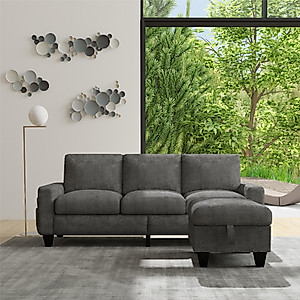 Sectional Sofa L-Shaped Couch, Snowflake Fabric Couch for Living Room with Reversible Storage Chaise & Side Storage Pockets, 3-Seat Sofa for Living Room/Apartment/Dorm/Office/Small Space (Gray)