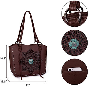 Montana West Western Tooled Tote Bag for Women Mandala Pattern Shoulder Top Handle Handbag Studded Purse with Wallet Set MWC-144W-CF