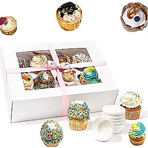 Rarapop 25-Set Cupcake Boxes Hold 12 Standard Cupcakes, Food Grade Cupcake Holders Bakery Carrier Boxes with Windows and Inserts for Cupcakes, Muffins and Pastries
