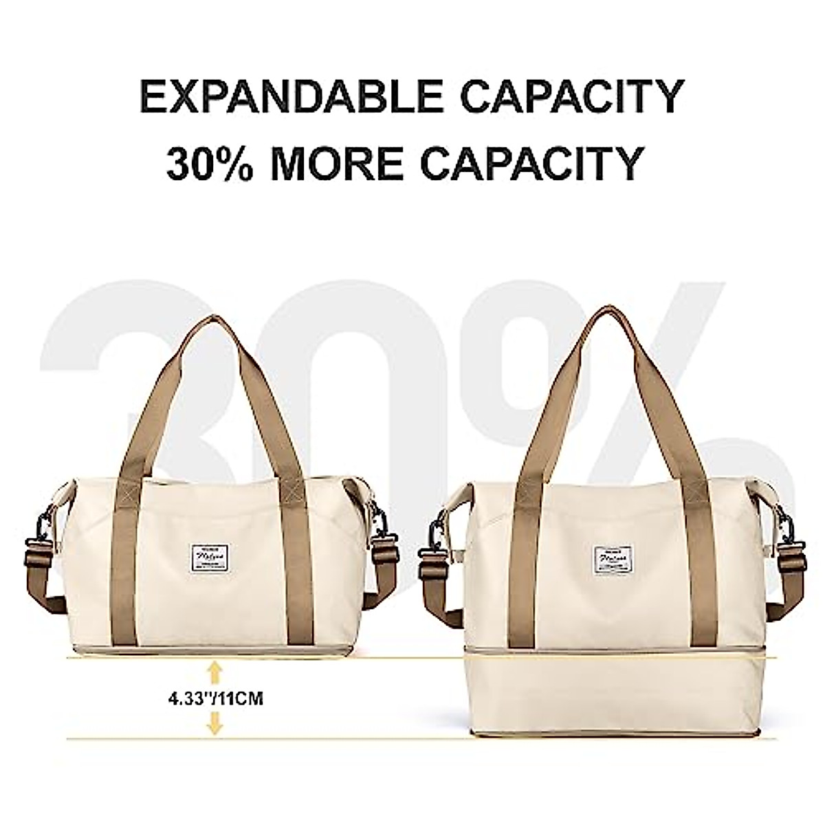 Travel Bag,Waterproof Duffel Gym Tote Bag,Weekender Carry On Overnight Bags for Women with Trolley Sleeve Wet Pocket,Travel Duffel Bags Hospital Bag, Beige Brown