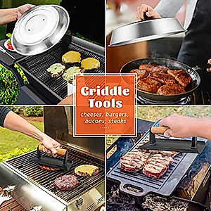 12In Cheese Melting Dome & 8x4In Cast Iron Grill Press, HaSteeL Stainless Steel Basting Cover with Heavy Duty Burger Bacon Press, Griddle Accessories for Teppanyaki Flat Top Stovetop Indoor & Outdoor