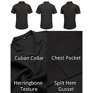 COOFANDY Men's Button Down Cuban Short Sleeve Shirts Textured Crochet Camp Black Shirts