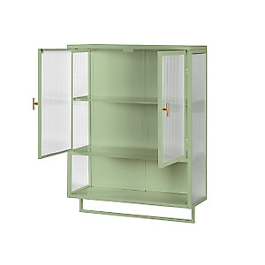 Royard Oaktree Metal Wall Cabinet with Glass Doors Wall Mounted Storage Cabinet with Open Shelf and Towel Bar Modern Medicine Cabinet for Kitchen Bathroom Living Room, Green