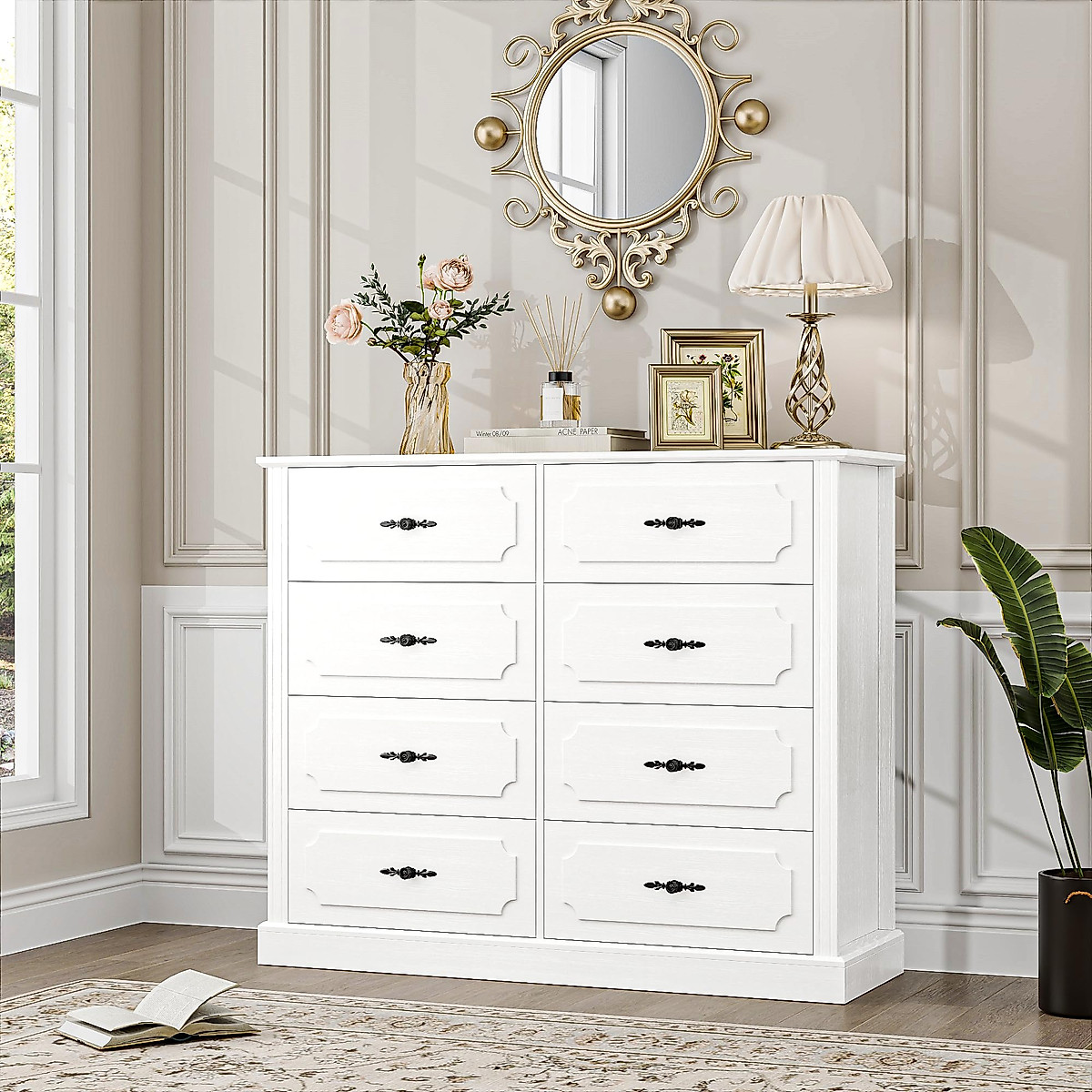 FINETONES White Dresser Chest of Drawers, 47.2“ Wood Dresser 8 Drawer with Steel Handles, Modern Dresser Drawers Floor Storage Cabinet for Living Room Hallway Office