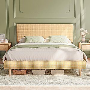 LIKIMIO Queen Bed Frame with Headboard, Fully Cotton Upholstered Foundation, Wooden Slats Support, Noise Free, No Box Spring Needed, Easy Assembly, Rustic Yellow and White Checkered