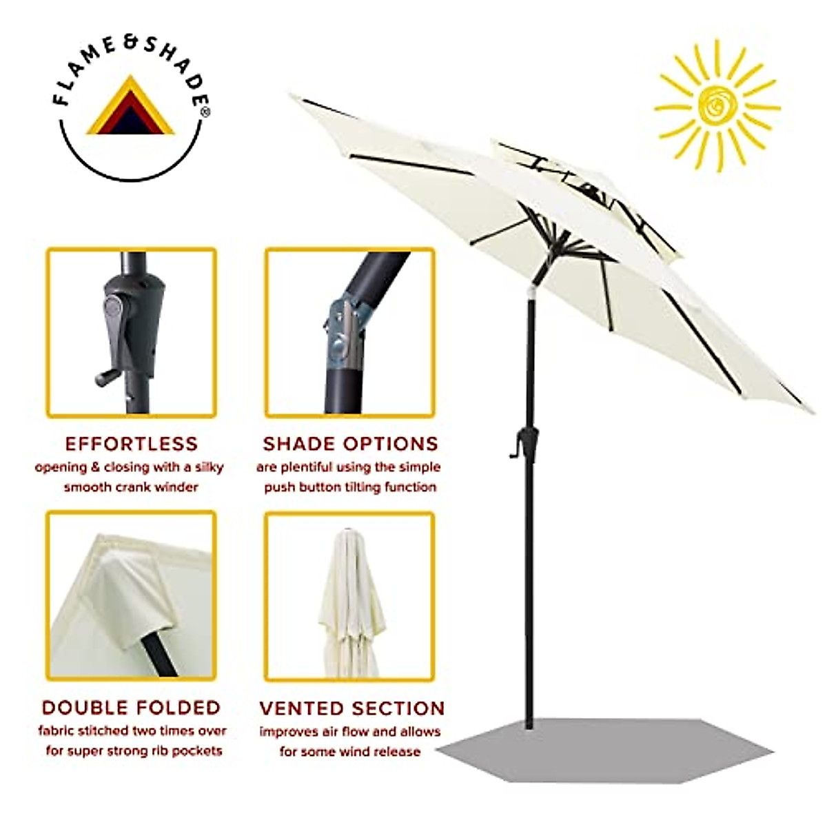 FLAME&SHADE 9 ft Double Top Outdoor Market Patio Table Umbrella with Tilt, Ivory