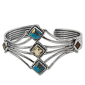 NOVICA Handmade Citrine Cuff Bracelet Composite Turquoise from India .925 Sterling Silver Reconstituted Yellow Blue Island Paradise Birthstone [6 in L (end to End) x 1.6 in W] 'Sunny Allure'