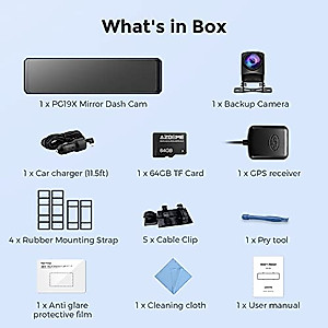 AZDOME 12" 4K Mirror Dash Cam, Split-Screen Display Rear View Mirror Camera, Waterproof Backup Camera, Dual Dash Camera for Cars, Night Vision, Parking Monitor, 64GB Card & GPS