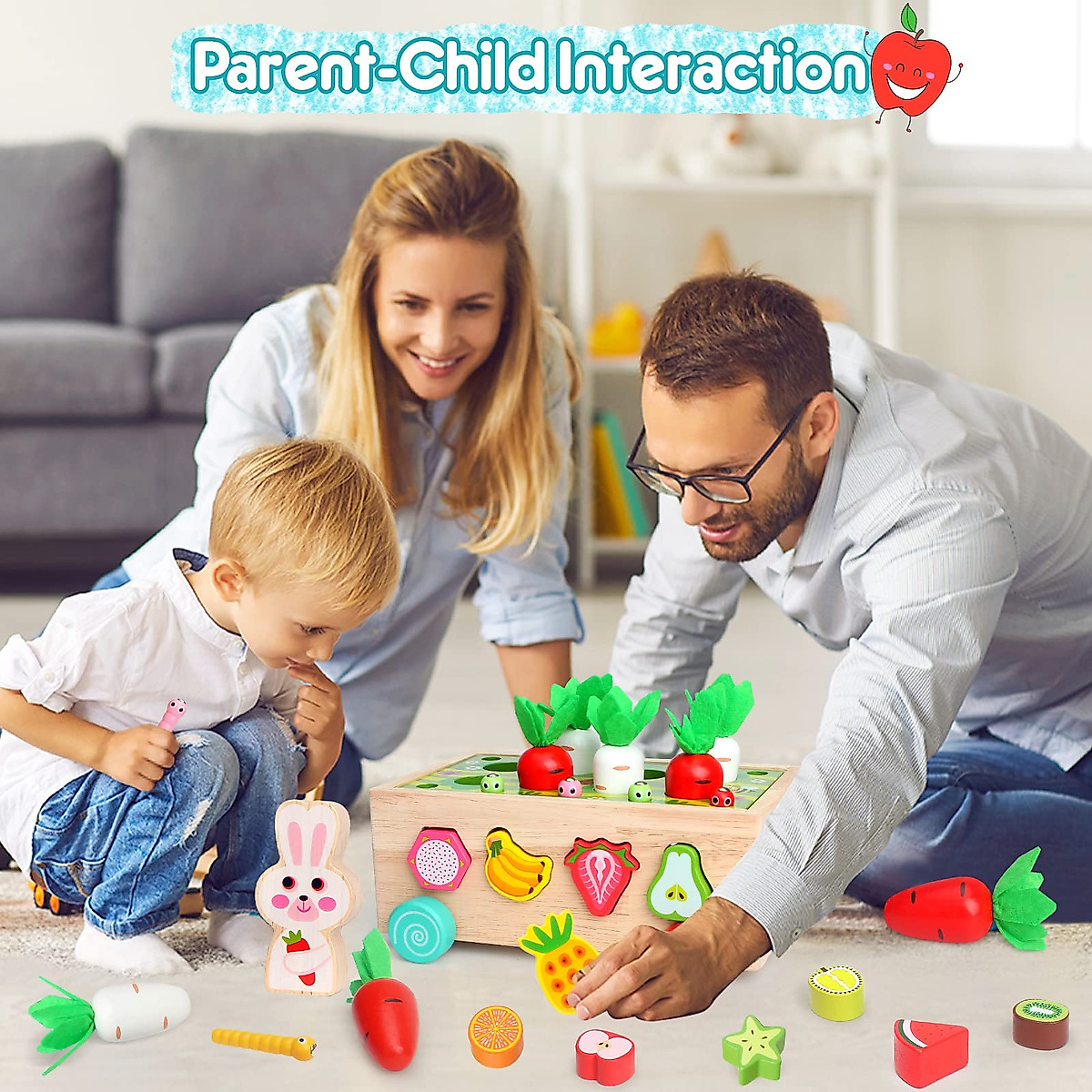 INSOON Montessori Toys for 1 2 3 4 Year Old Boy Girl,Wooden Educational Toy Multifunctional Orchard Car Toys Catching Worm Shape Sorting Carrot Harvest Learning Toys Gifts for Toddlers