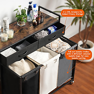 Heybly Laundry Hampers, 126L Laundry Basket with 3 Section Pull-Out Rolling Bags,Laundry Sorter with 2 Pull-Out Storage Drawers for Laundry Room organization and Bathroom Rustic Brown HLH005SR