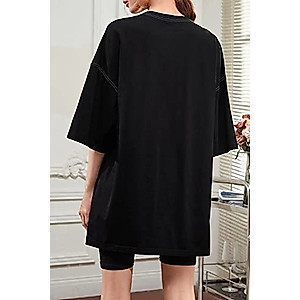 FSHAOES Women's Oversized T Shirts Casual Loose Half Sleeve Drop Shoulder Tees Summer Round Neck Cotton Tunic Tops Black