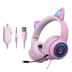 VIGROS Cat Ear Gaming Headphones Wired AUX 3.5mm LED Light, Noise Canceling Game Headphones Stereo Foldable Over-Ear Headsets with Microphone Fit Girls, Kids for PC, PS4, Switch, Xbox, Mobile, Laptop