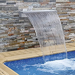 YITAHOME 48" Pool Fountain Stainless Steel Pool Waterfall with 7 Colors LED Light Changing Remote for Spillway, Swimming Pool, Outdoor Garden Decorations Transparent
