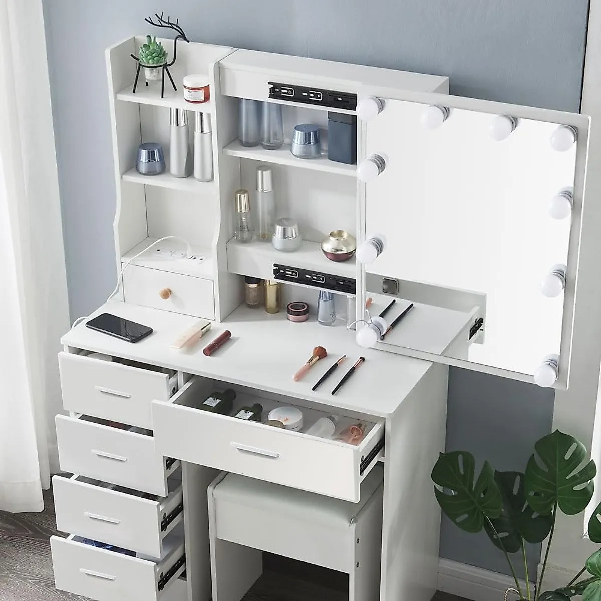 Lucaseone Vanity Desk with Lights Mirror, Vanity Table Makeup Vanity with Slidable Mirror,Drawers & Stool,for Bedroom, White (7507USB)