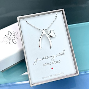Sterling Silver Wishbone Necklace with Puffed Heart Charm, Girlfriend Gift Necklace, Daughter Birthday Gift, Wife Anniversary Gift Necklace, Wish Bone Necklace (22 inches)
