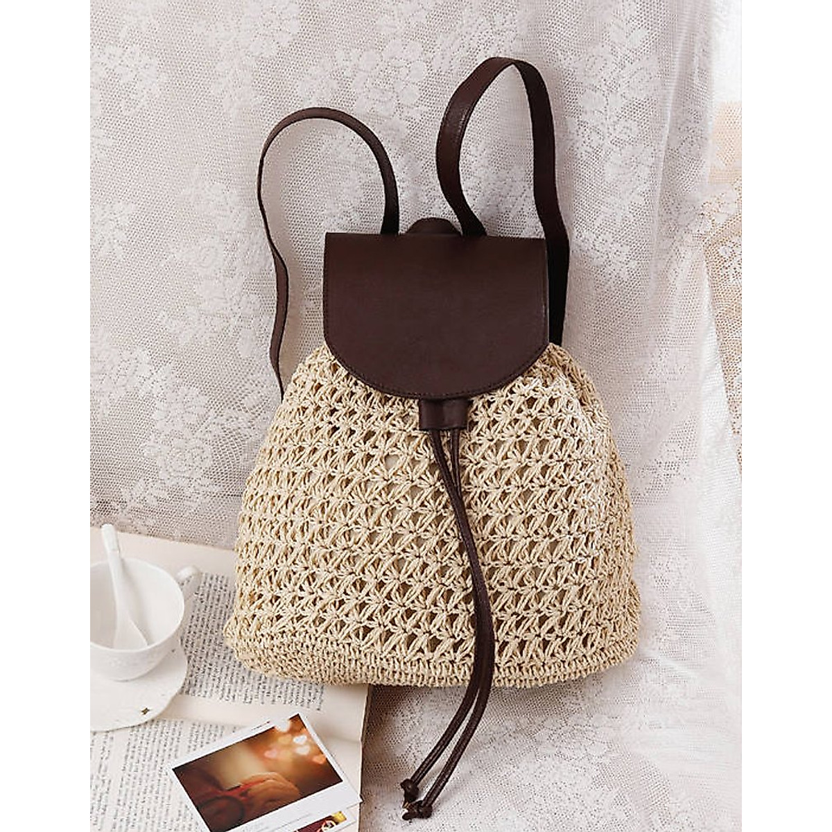 TONWHAR® Paper String Woven Purse Straw Backpack for Beach (Beige)