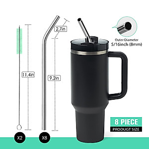 8 Piece 5/16 inch (8mm) Wide Bent Stainless Steel Straws for 40 oz Tumbler with Handle, 12 Inch Long Reusable Metal Drinking Straws, Replacement Straws with Silicone Tips & Cleaning Brush, Silver