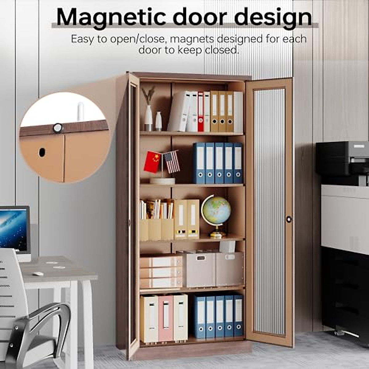 AFAIF 71" Tall Metal Storage Cabinet with Glass Door & 4 Adjustable Shelves, Freestanding Bookshelf for Home Office, Living Room, Pantry