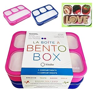 Bento Lunch-Box for Kids and Adults: Leakproof Lunch Boxes with 4 Compartments, Divided Containers for Boys Girls Women Men - School Work Portion Container, Utensils, Blue + Rose Pink Set