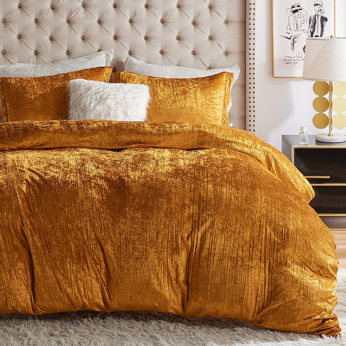 Bedsure Velvet Duvet Cover Set - Luxurious, Glossy King Size Duvet Cover Set, Honey Yellow Duvet Cover King Size with 2 Pillow Shams (Honey Yellow, King, 104 x 90 inches)