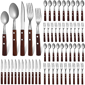 Tanlade 60 Pcs Wooden Handle Silverware Set 18/8 304 Stainless Steel Walnut Handle Flatware Set Reusable Cutlery Set Included Dinner Forks,Salad Forks,Table Knives,Tablespoons,Teaspoons, Serves for 12