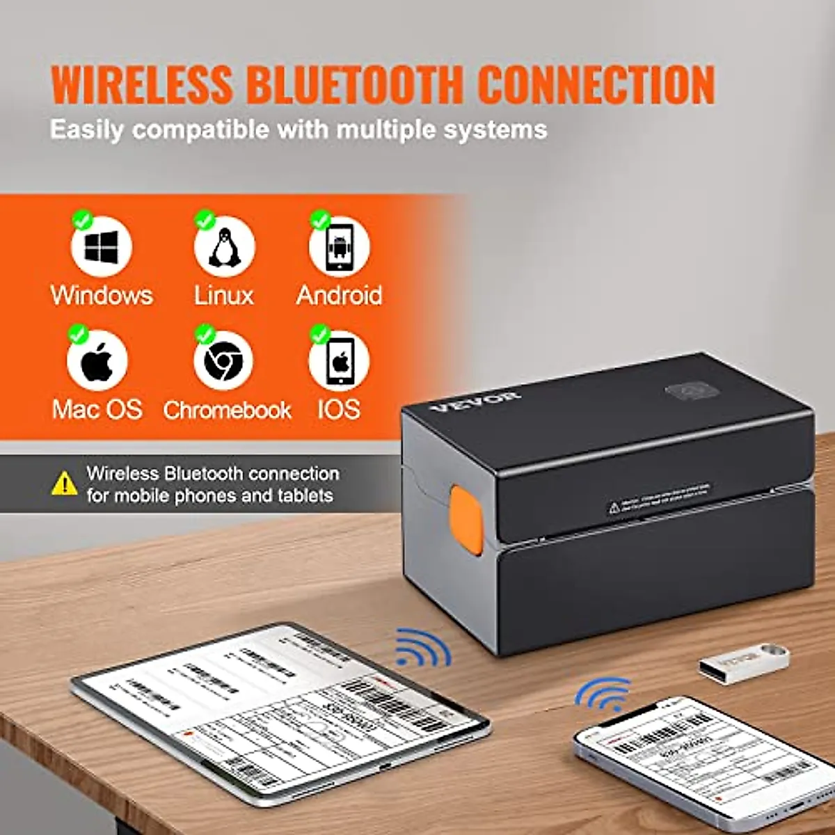 VEVOR Bluetooth Thermal Label Printer HD(300DPI),  Wireless Shipping Label Printer w/Auto Label Recognition, Support Windows/MacOS/Linux/Chromebook, Compatible w/USPS, Amazon, Ebay, Etsy, UPS, etc.