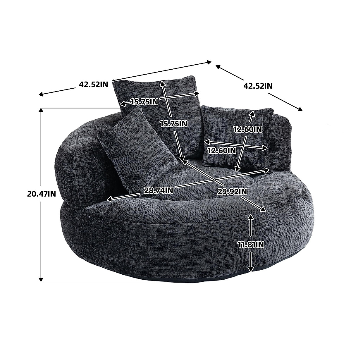 TZXTW Comfort Bean Bag Chair, Chenille Fabric Upholstered Lazy Sofa, Modern Lounge Chair with Three Pillows for Living Room, Single Sofa Couch Reclining Sleeper Chair for Bedroom, Office,Balck