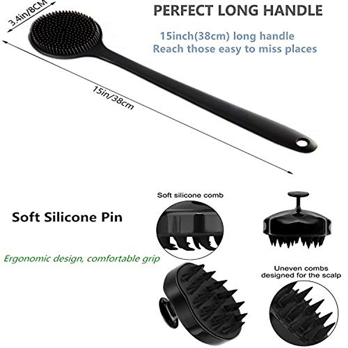 Cinlitek Silicone Body Scrubber & Scalp Massager, Long Handle Back Scrubber for Shower Brush,Exfoliating Body Scrubber, Shower Scrubber for Body Brush, Hair Dandruff Shampoo Brush for Men,Women&Kids