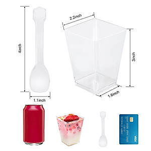 FIFWVGP 50 Pack 5 oz Plastic Square Dessert Cups with Spoons, Yogurt Parfait Cups Appetizer Cups for Party, Mini Dessert Cups with Spoons Dessert Shooter Cups with Spoons for Pudding and Fruit