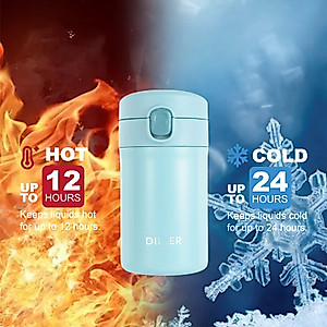 Diller Travel Coffee Mug, Mini Insulated Water Bottle 14 oz or 10 oz with Spout Lid, Leak Proof Coffee Tumbler for Kids and Women Keep 12H Piping Hot and 24H Cold (10 oz, Blue)