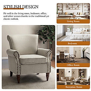 HULALA HOME Modern Accent Chair with Wood Legs & Removable Cushion, Wingback Small Armchair with Nailhead Trim, Comfy Upholstered Lounge Chair for Living Room Bedroom, Oatmeal