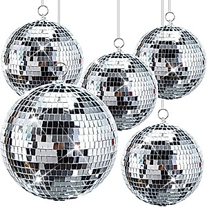 5 Pieces Disco Ball Mirror Ball Disco Party Decorations with Hanging Ring for DJ Club Stage Wedding Holiday (Silver,8 Inch, 4 Inch)