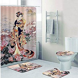Lingquare 4 Pcs Oriental Japanese Geisha Girl Bath Curtain Shower Curtains Set Traditional Japanese Woman Art Bathroom Curtain Mats Home Decor 70x70Inch