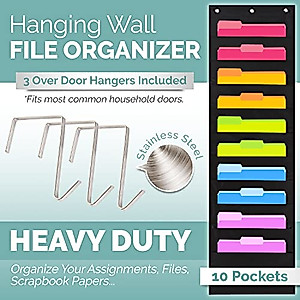 Heavy Duty Storage Pocket Chart for classroom and Office, 10 Pockets, 3 Over Door Hangers Included, Hanging Wall File Organizer for File Folders, School Mailbox, Home/Office Papers & More (Black)