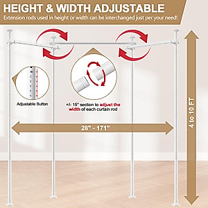 Room Divider Curtain Rod - 4-10ft(H) 28-171inch(W) No Drilling Tension Curtain Divider for Room Separation, Heavy Duty Portable Curtain Stand Space Partition, Wall Divider for Room Separator - White