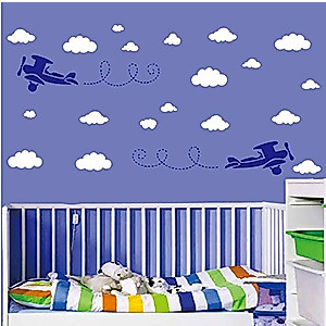 Kids Room Wall Sticker Two Aircrafts with Clouds Wall Decor for Boys Bedroom Wall Sticker Airplane Sky Decoration AM177 (Blue Airplane/White Clouds)