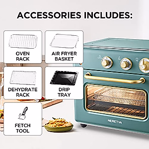 Neretva Air Fryer Toaster Oven Large 21 QT, 5 In 1 Countertop Oven, Fit 8" Pizza Convection Air Fryers Oven for Family, Include 6 Accessories & Cookbook, Stainless Steel, ETL Certified, Vintage Green
