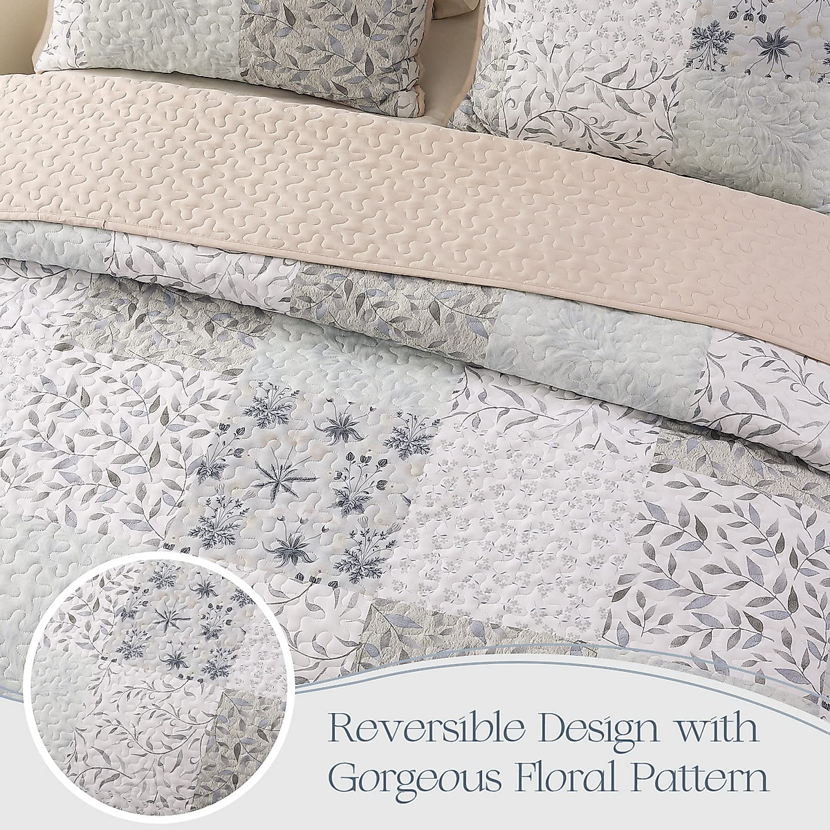 Exclusivo Mezcla Reversible Boho Quilt Set Queen Size, 3 Pieces Patchwork Gray All Season Bedspreads, Ultra Soft Floral Coverlet Bedding Set with Printed Pattern (1 Quilt, 2 Pillow Shams)