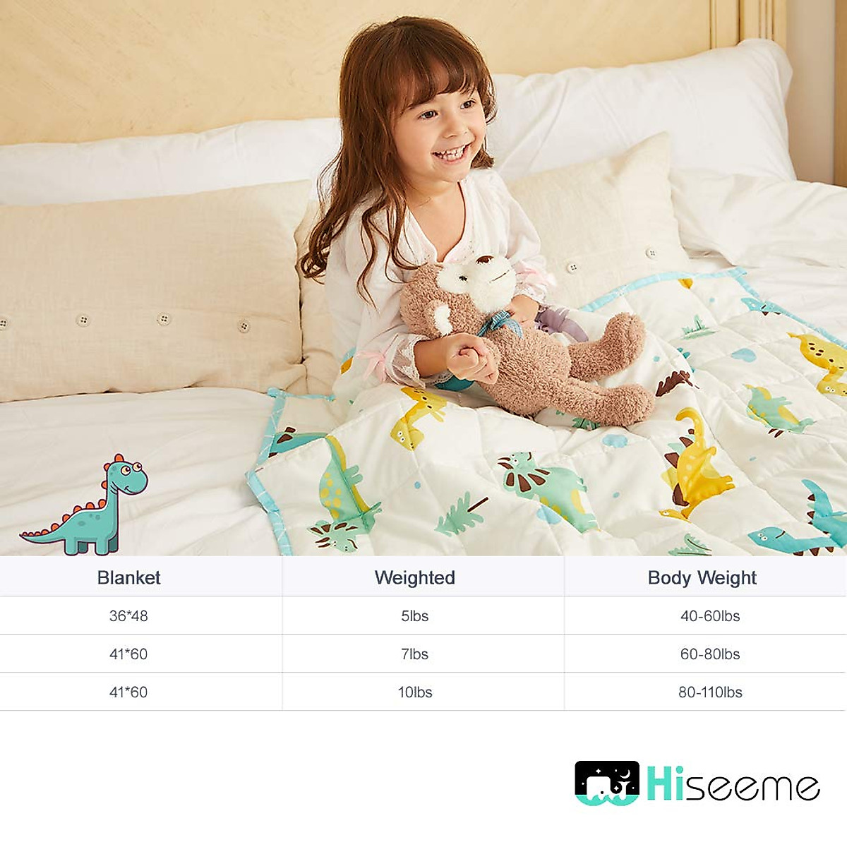 Hiseeme Weighted Blanket for (7lbs, 41''x60'', Single Size) Small Pockets - Breathable Cotton with Glass Beads (Dinosaur)