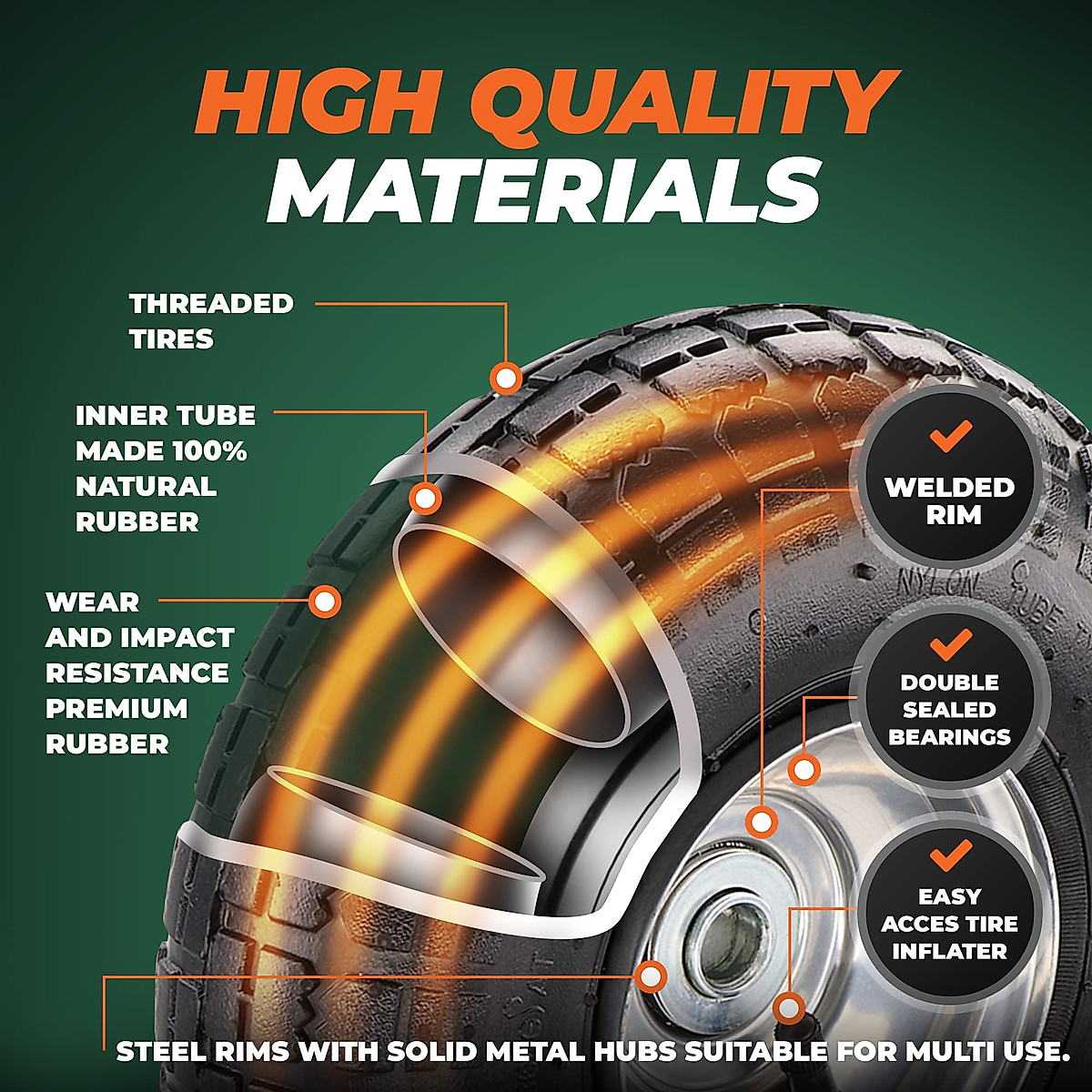 4 Pack 10-Inch Tires and Wheels 4.10/3.50-4 Replacement Utility Tires for Dolly, Hand Truck, Gorilla Cart, Generator, Lawn Mower, Garden Wagon With 5/8-Inch Axle Borehole and Double Sealed Bearings