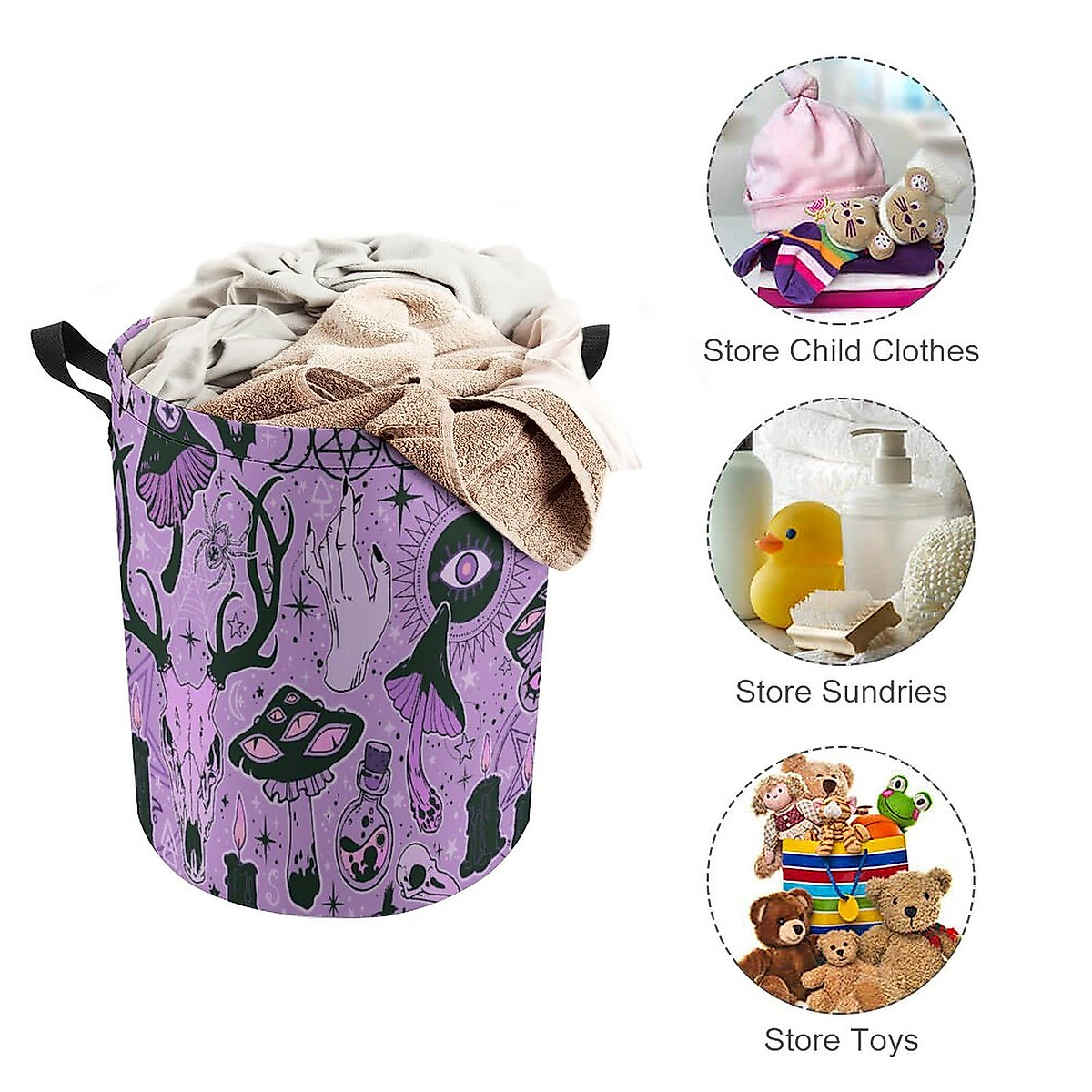 Large Laundry Basket Witch Witchcraft Goth Skull Mushroom Laundry Hamper with Drawstring, Collapsible Waterproof Laundry Bag for Dirty Clothes, Toys, Bedroom, Bathroom