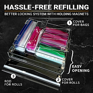 BALAGANA Drawer Organizer for Ziplock Bags and Foil - Acrylic Ziplock Bag Storage Organizer for Kitchen Drawer, 6 in 1 Clear Ziplock Bag Organizer for Drawer, Ziplock Bag Organizer with Wrap Dispenser